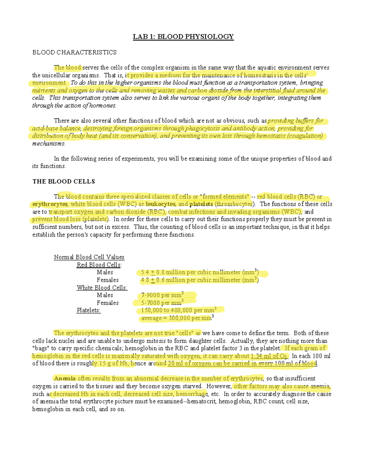 BIOL 347 Lab 1 Hematology - LAB 1: BLOOD PHYSIOLOGY BLOOD ...