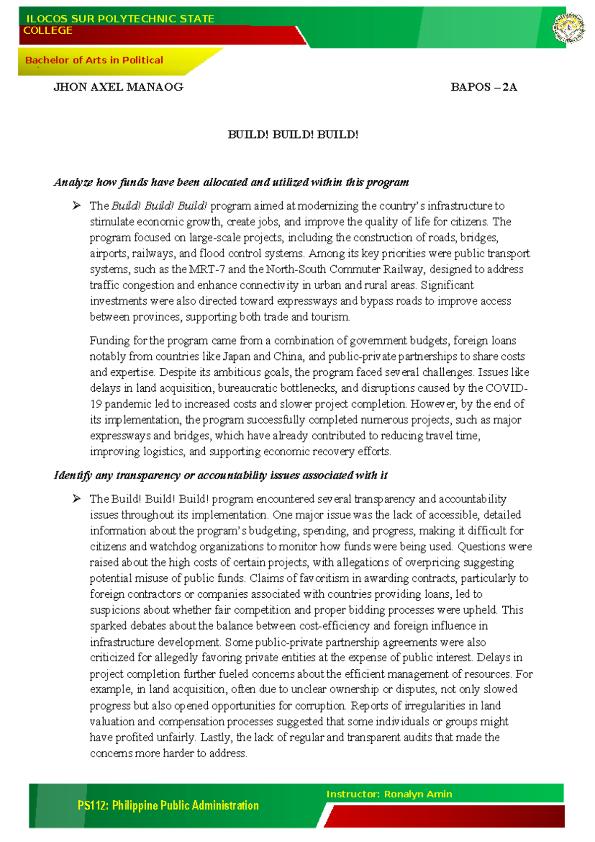 PPA ACT 1 - philippine public administration - Bachelor of Arts in ...