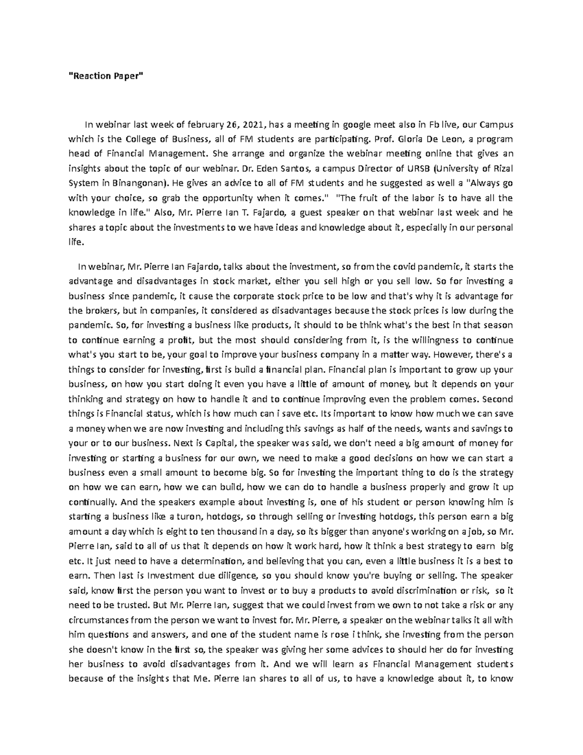 Reaction Paper - Entrepreneurial Management - "Reaction Paper" In ...