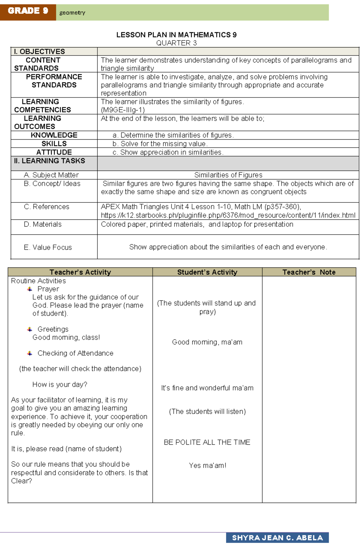 Similarities of figures - LESSON PLAN IN MATHEMATICS 9 QUARTER 3 I ...