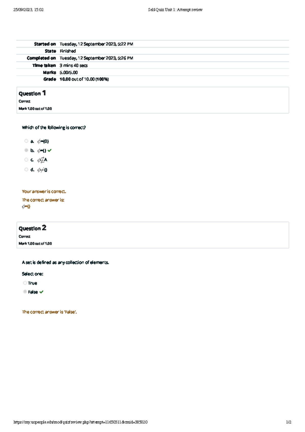 Self-Quiz Unit 1 Attempt review 2 - 25/09/2023, 15:02 Self-Quiz Unit 1: Attempt review - Studocu