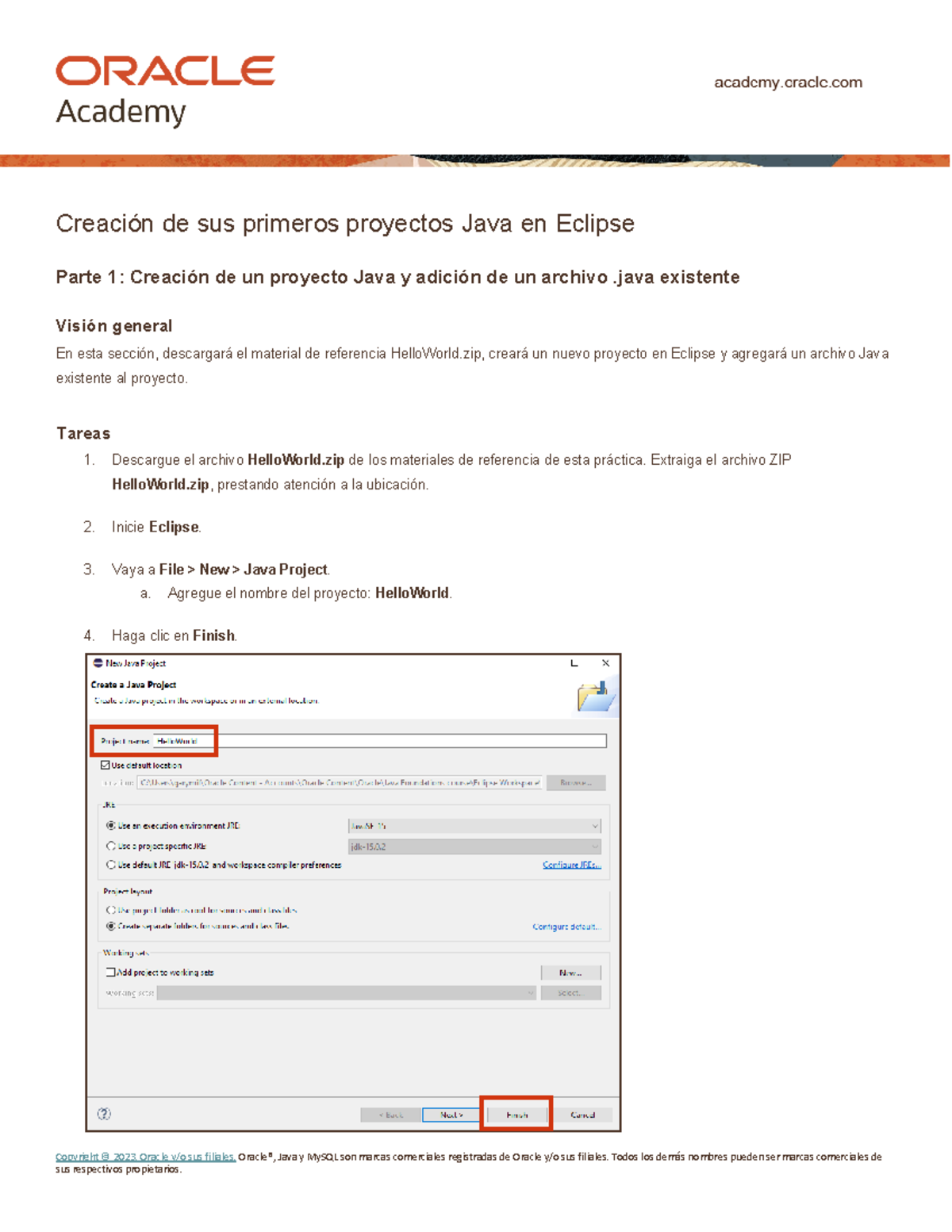 1° Mi Primer Programa Java En Eclipse Copyright © 2023 Oracle Y O Sus Filiales Oracle® Java