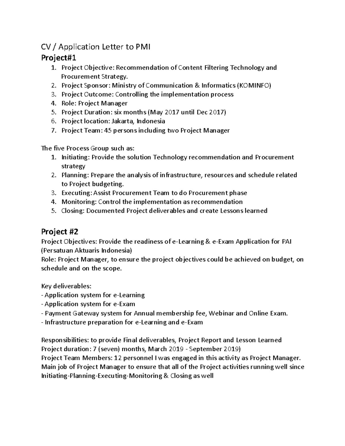 Contoh CV to PMI - Cv PMO - CV / Application Letter to PMI Project ...