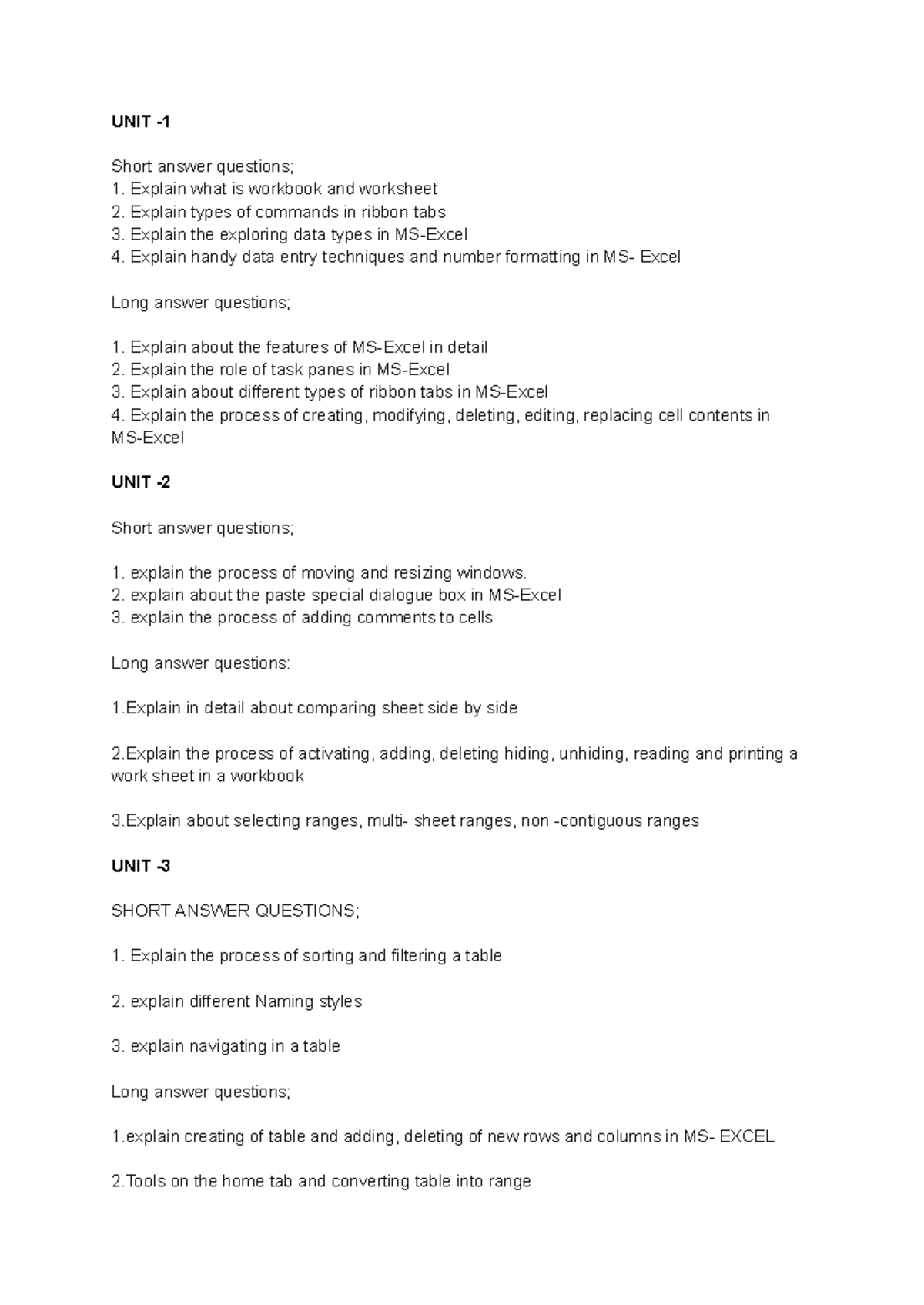 Important questions-Excel Foundation - UNIT - Short answer questions ...