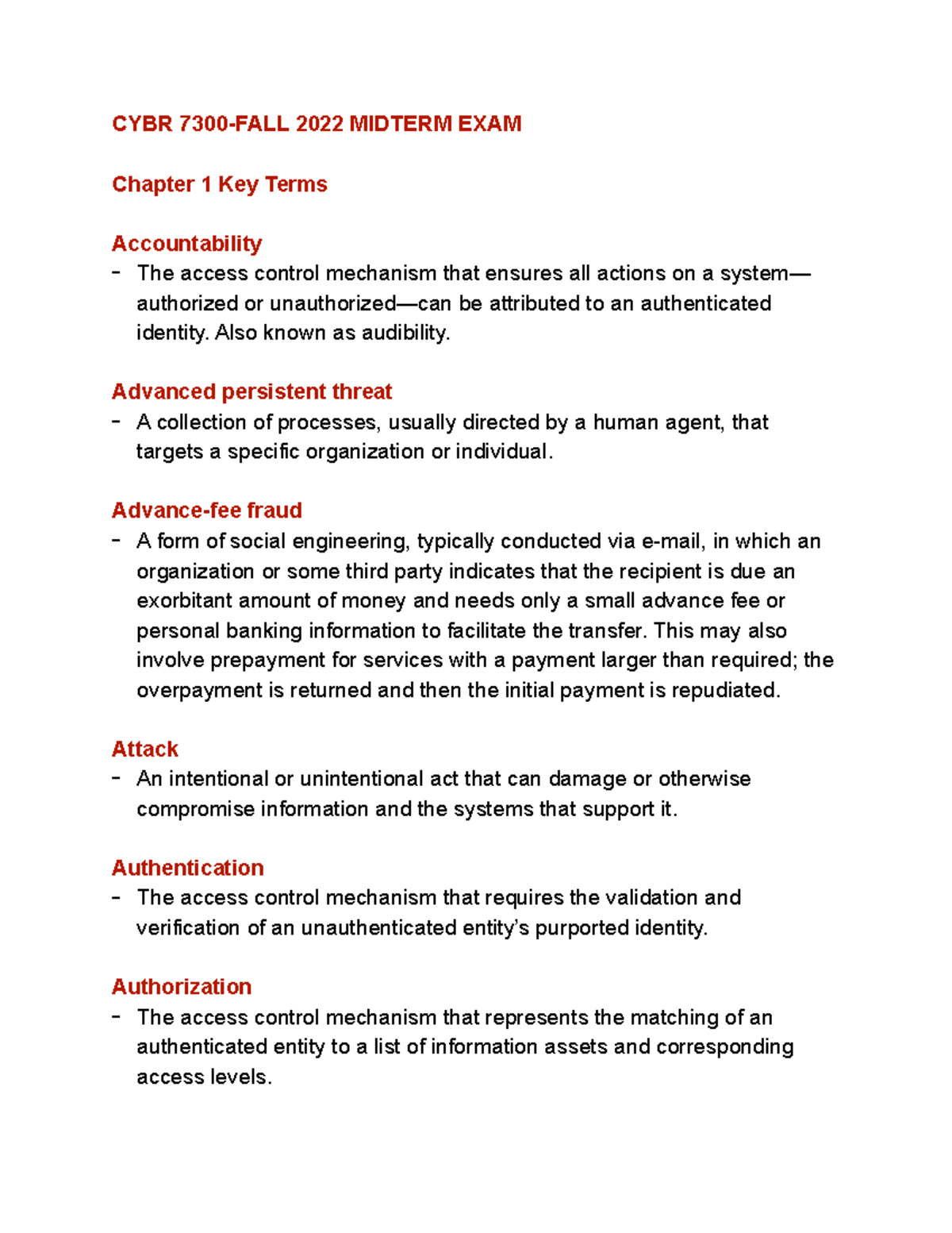 CYBR 7300-FALL 2022 Midterm EXAM - CYBR 7300-FALL 2022 MIDTERM EXAM Chapter 1 Key Terms - Studocu
