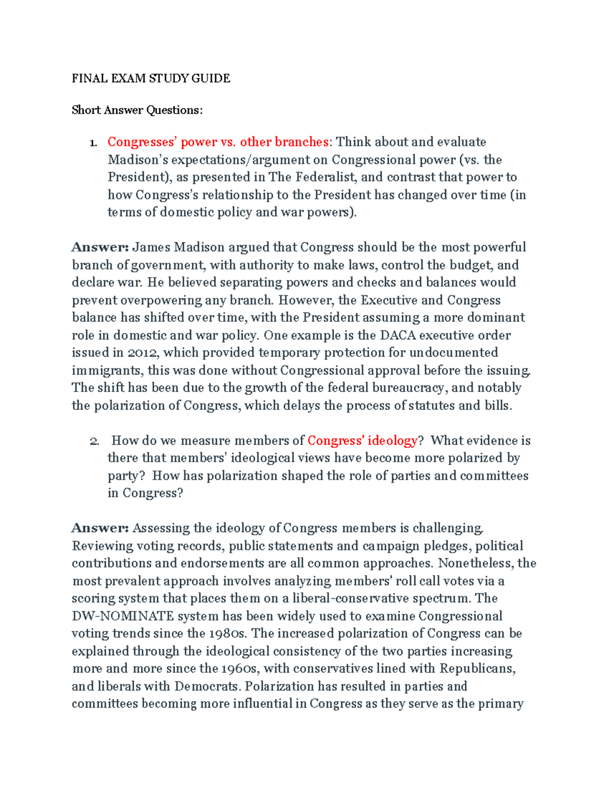 Final Exam Study Guide - FINAL EXAM STUDY GUIDE Short Answer Questions ...