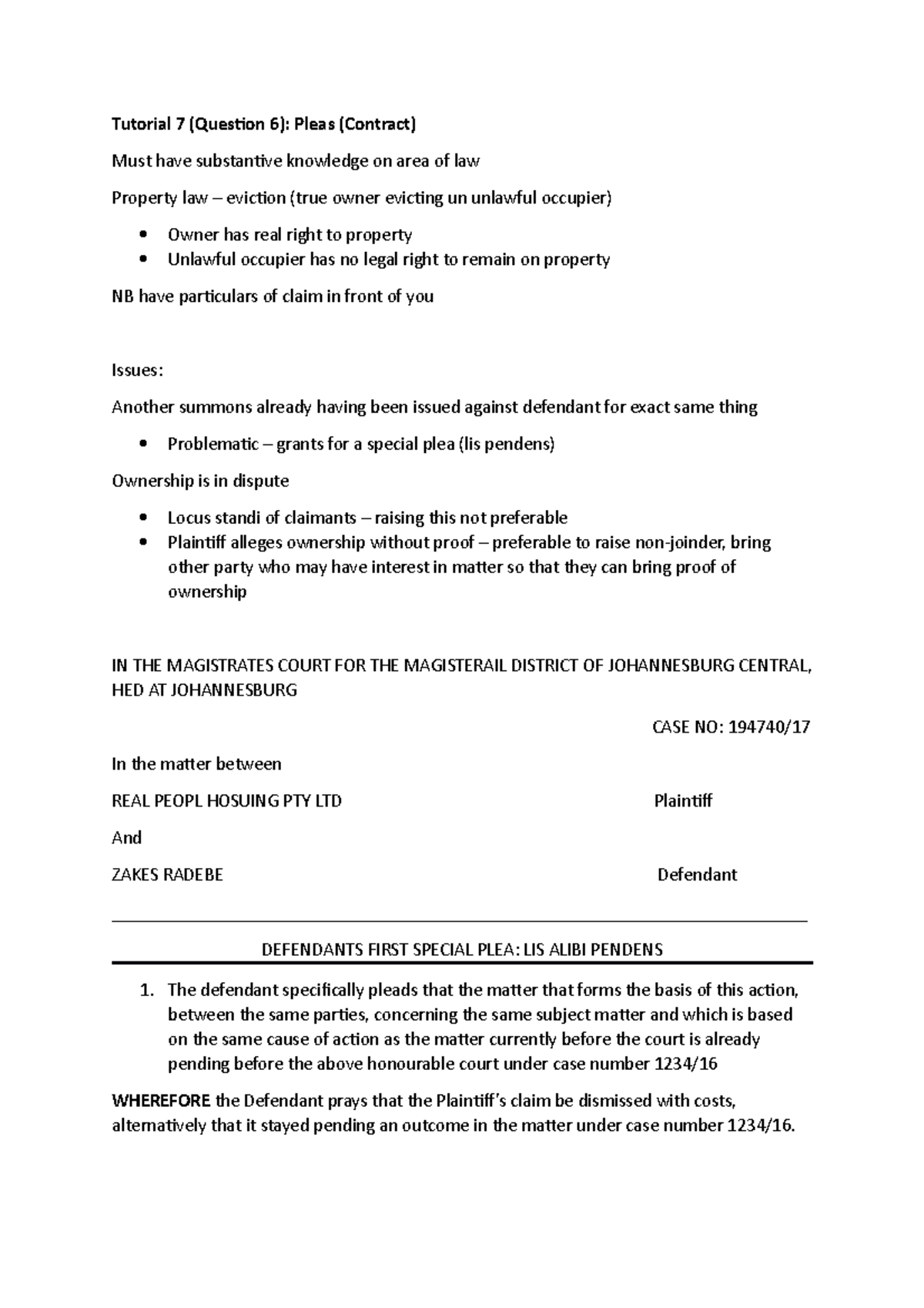 Tutorial 7 - Plea (contract) - Tutorial 7 (Question 6): Pleas (Contract ...