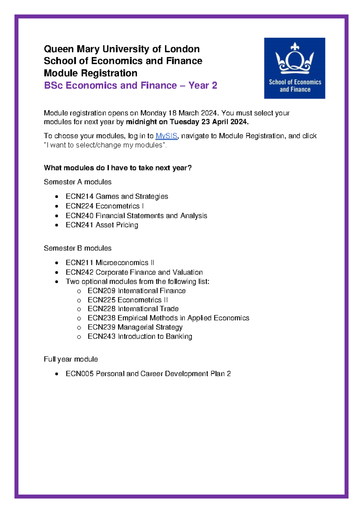 Economics Finance - Year 2 module selection for yr 2 - Queen Mary ...