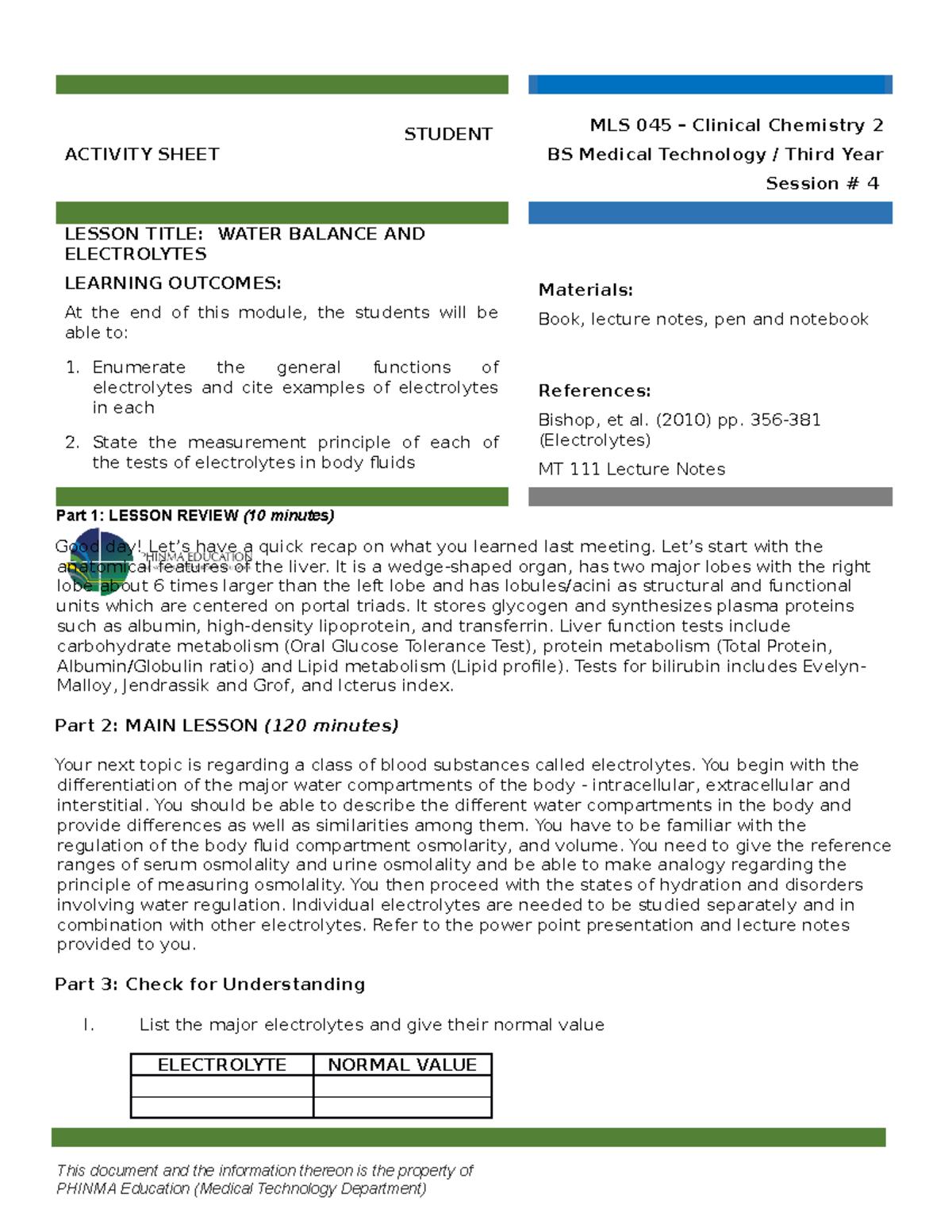 New SAS MLS 045 Module 4 - Practice Material - STUDENT ACTIVITY SHEET MLS 045 – Clinical ...