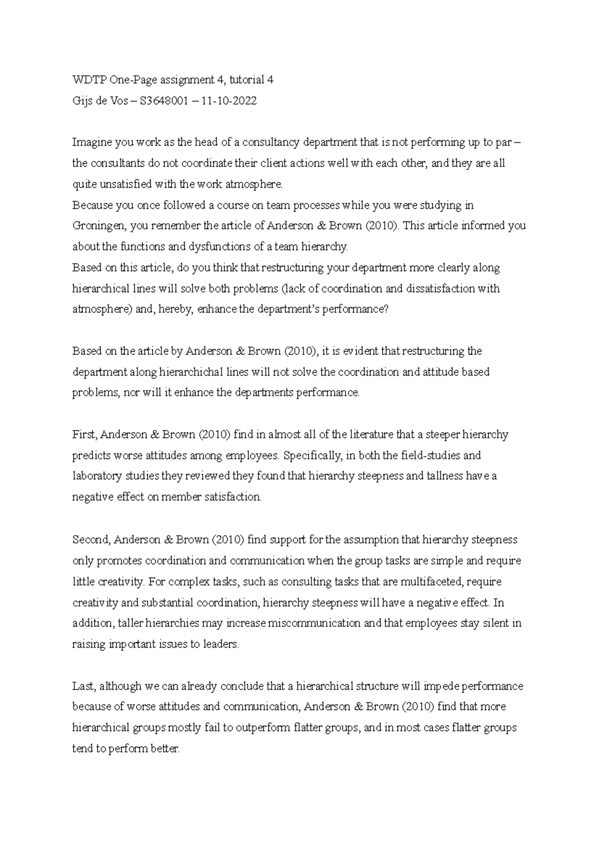 WDTP tutorial 4 - One page assignment - WDTP One-Page assignment 4, tutorial 4 Gijs de Vos ...