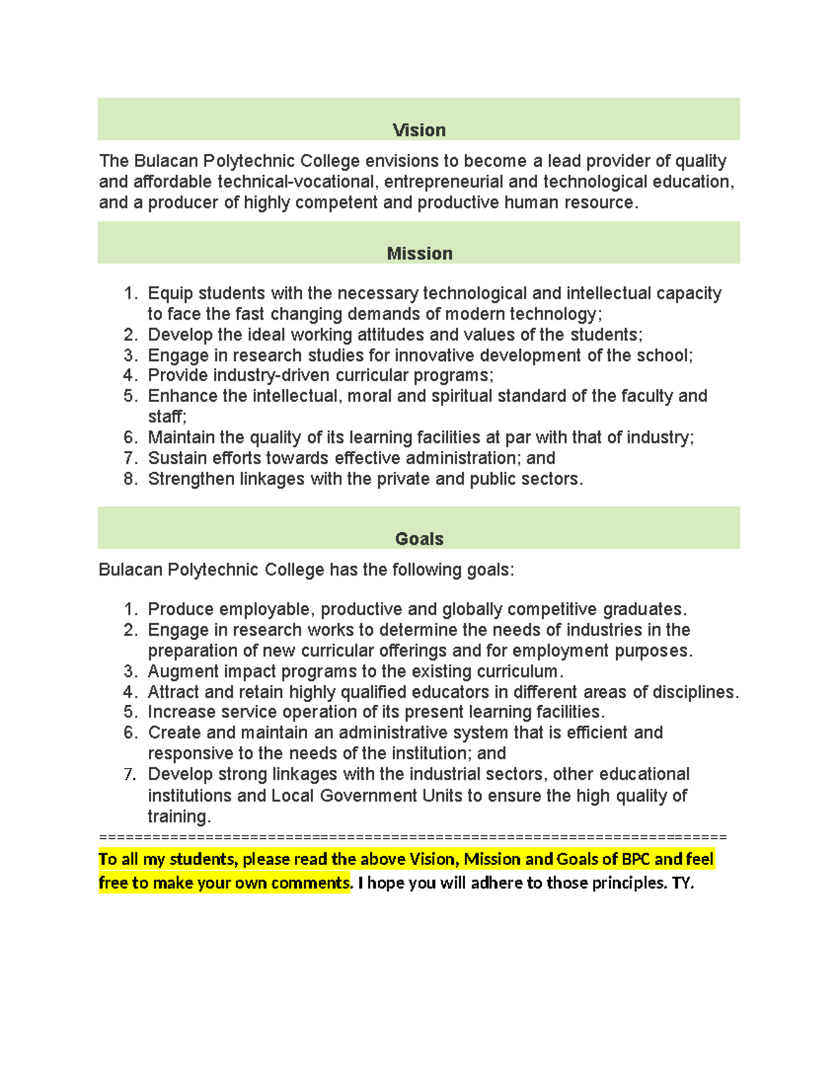 BPC-VMGO - Bulacan Polytechnic College's Vision, Mission and Goals ...