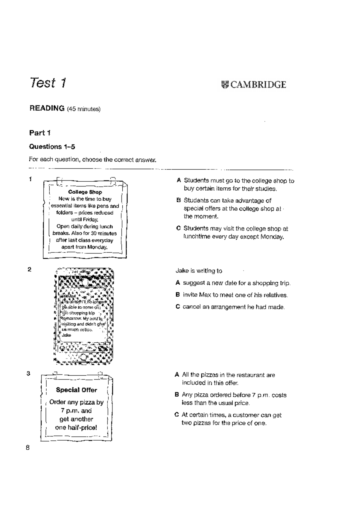 B1 Preliminary 1 - Practice Tests - Test 1 CAMBRIDGE READING (45 ...