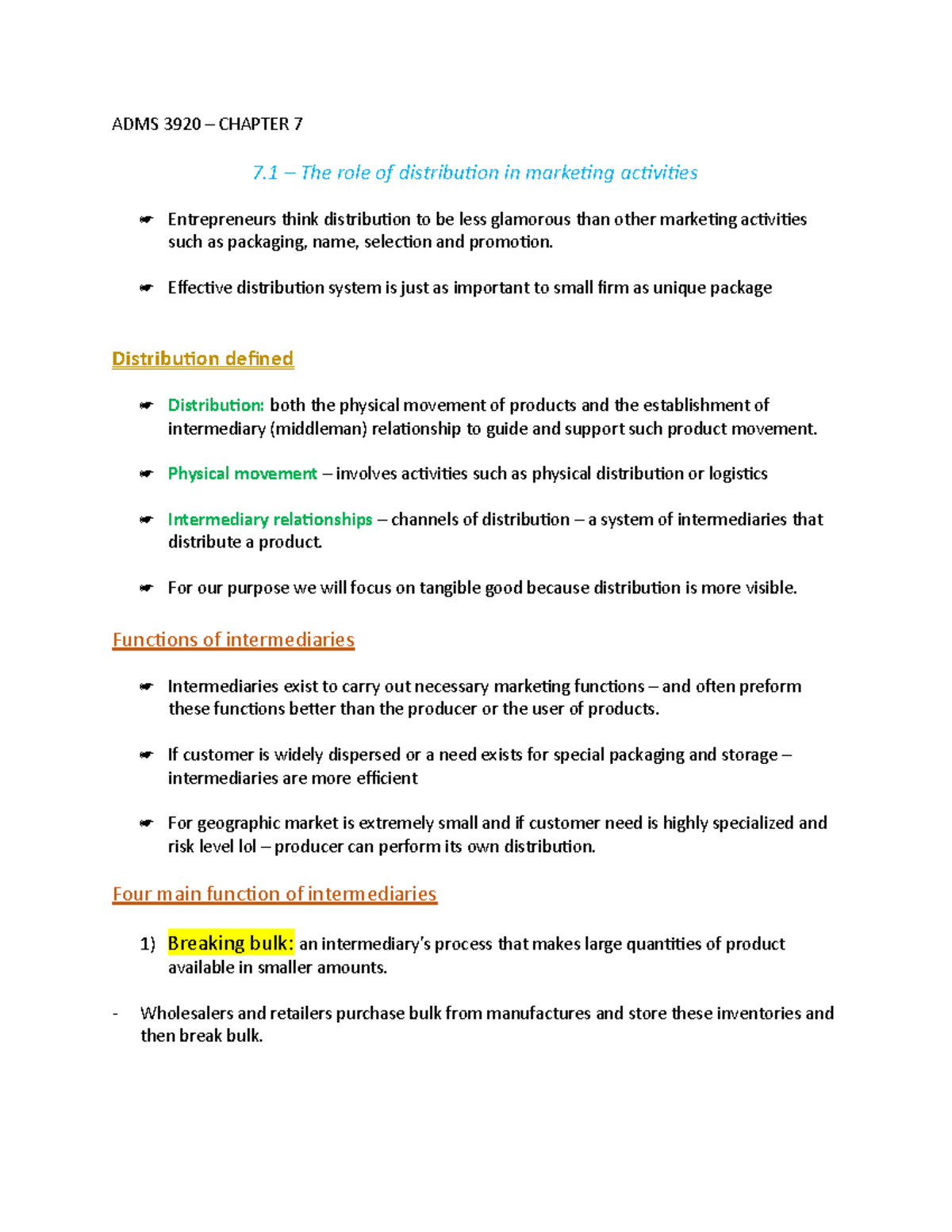 Chapter 7 - ADMS 3920 – CHAPTER 7 7 – The role of distribution in ...