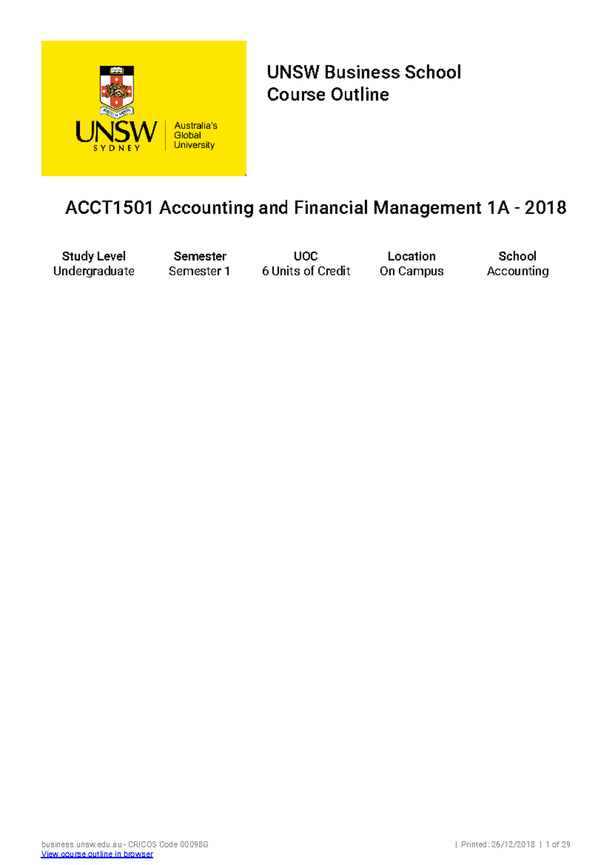 CO-ACCT1501-Outline - UNSW Business School Course Outline ACCT1501 ...