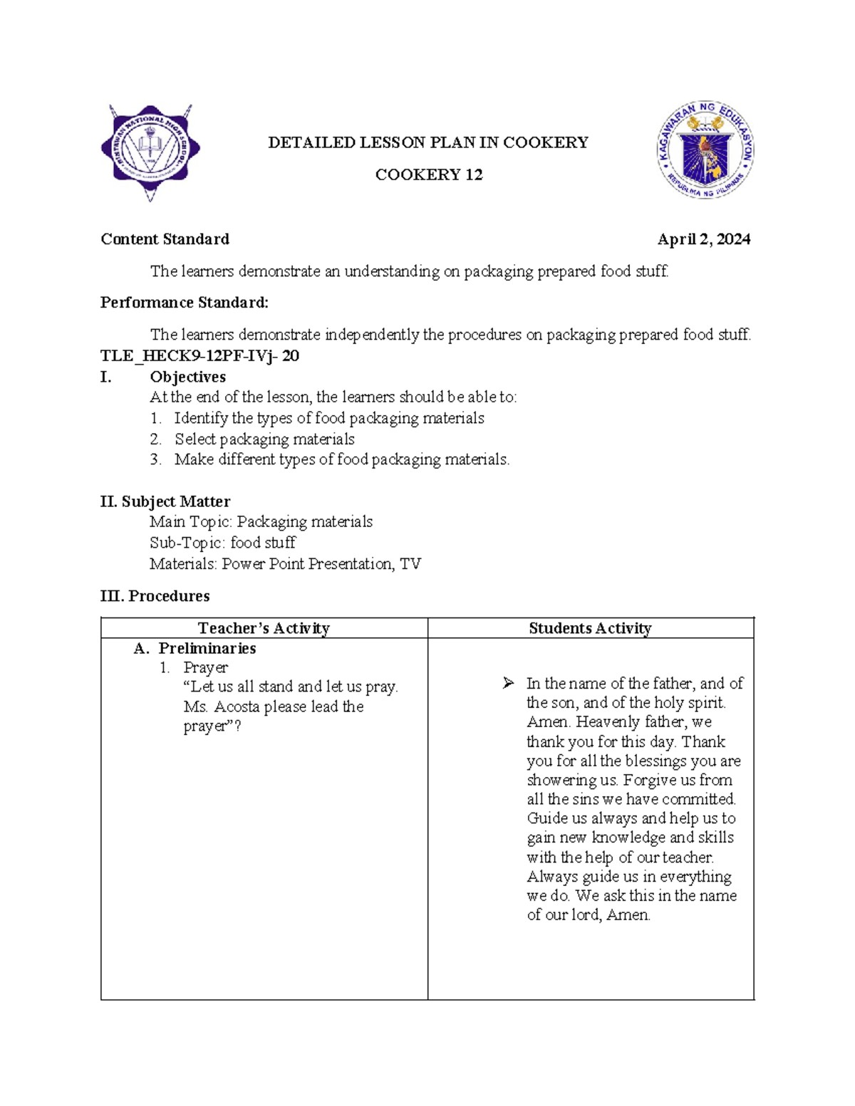 DLL- FOOD Packaging - Daily Lesson Log - DETAILED LESSON PLAN IN ...