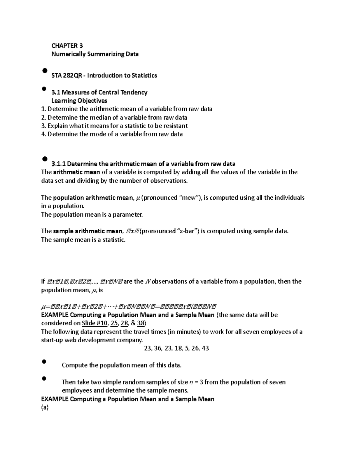 Stats 282 ch 3 Numerically Summarizing Data - CHAPTER 3 Numerically Summarizing Data • STA 282QR ...