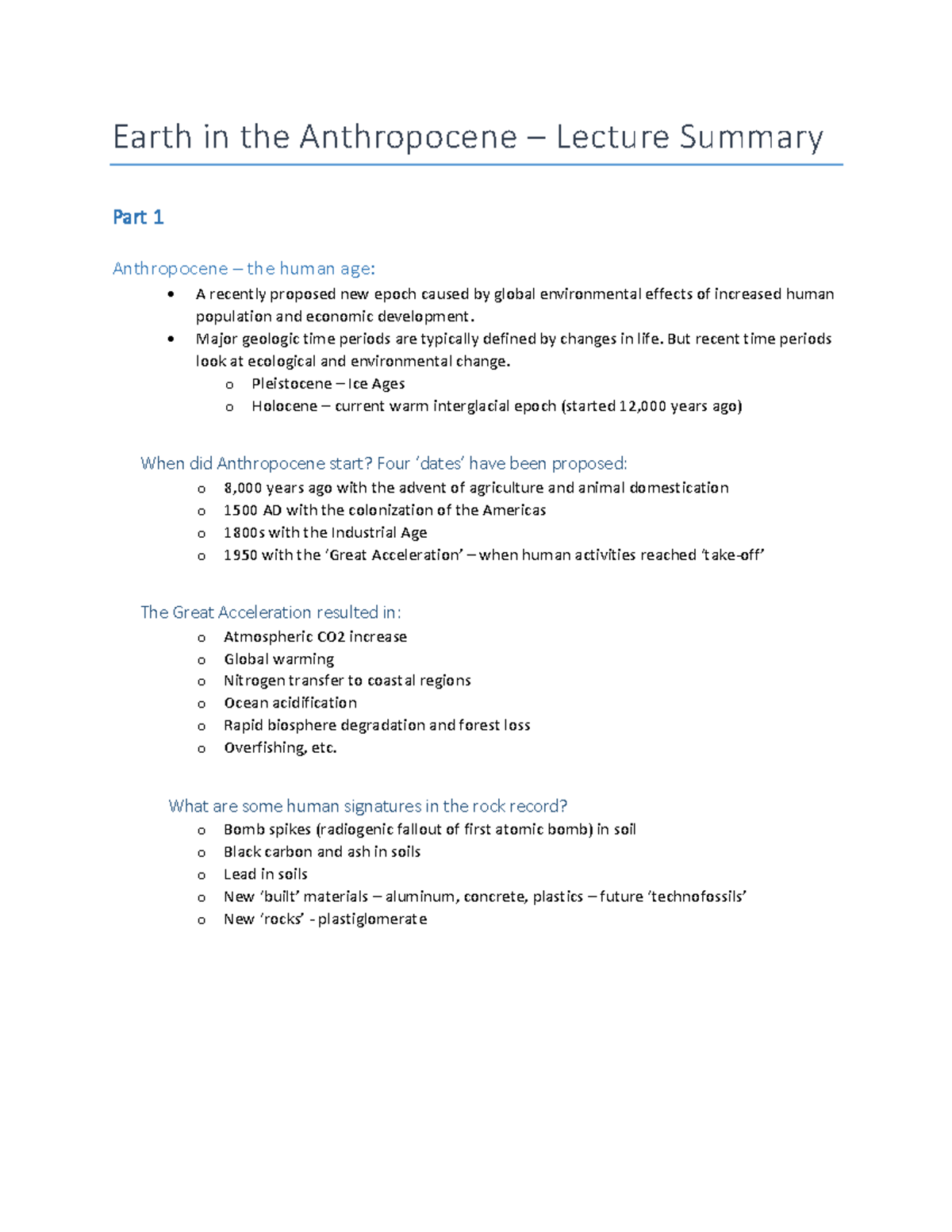 Lecture Summary-Earth in the Anthropocene-GEOL 11040 - Earth in the ...