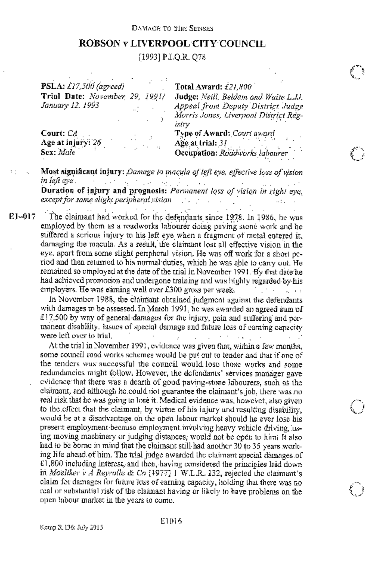 E - 1991 - Robson v Liverpool CITY Council - DAMAGE TO THE SENSES ...