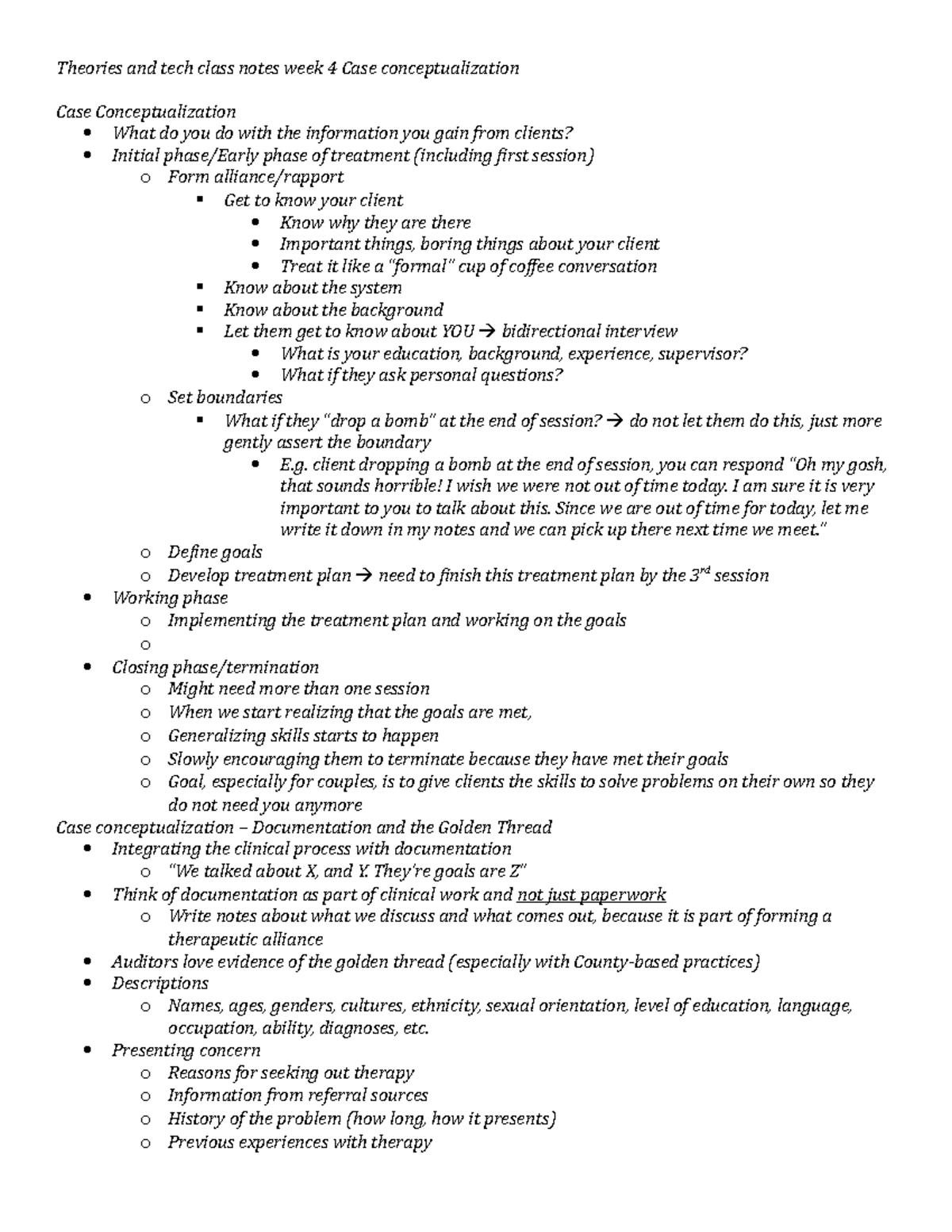 Theories and tech class notes week 4 Case conceptualization - Theories ...