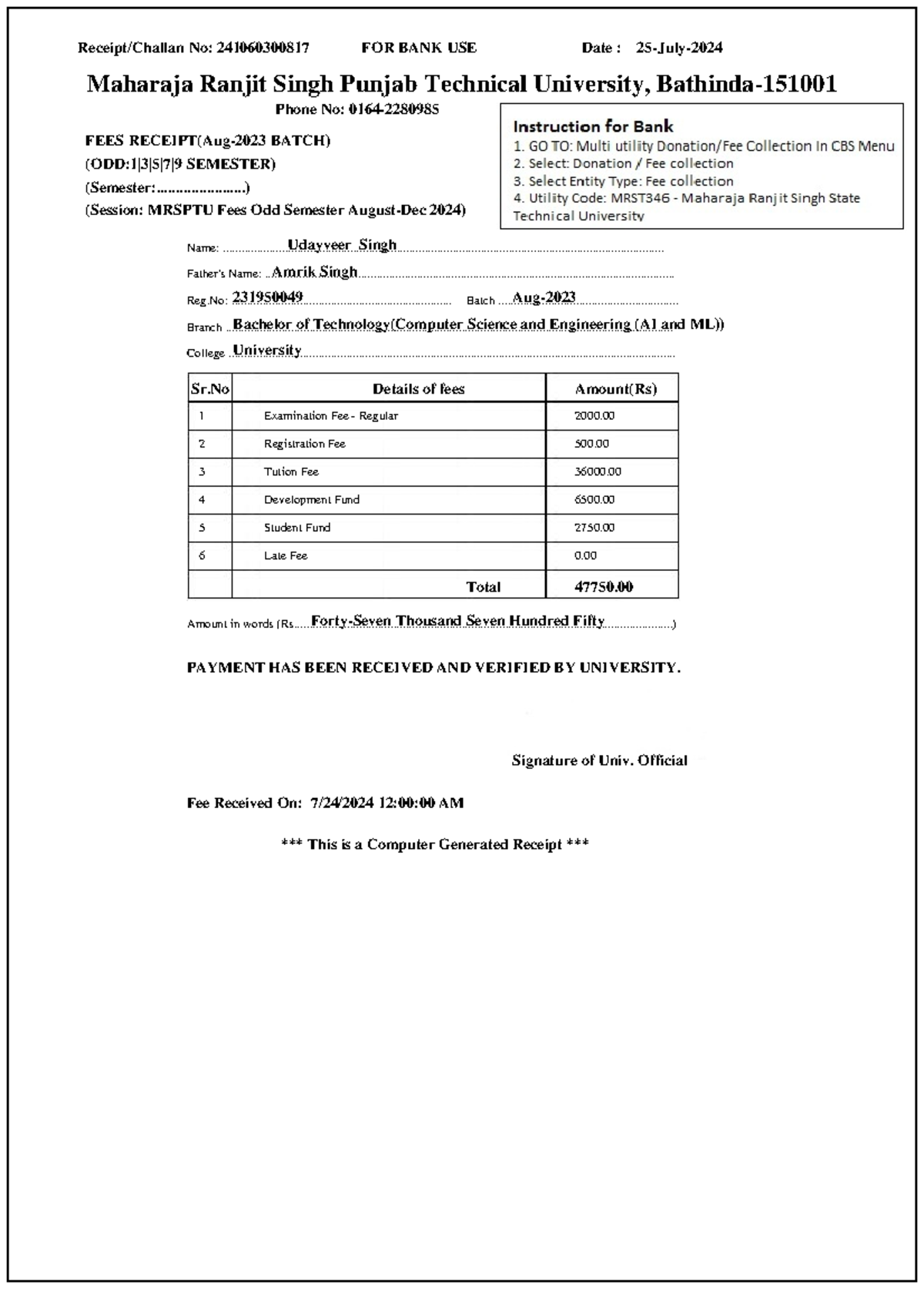 C inetpub wwwroot Univ Exam Live PDF Files Student Receipt 231950049 Udayveer Singh ODD - - Studocu