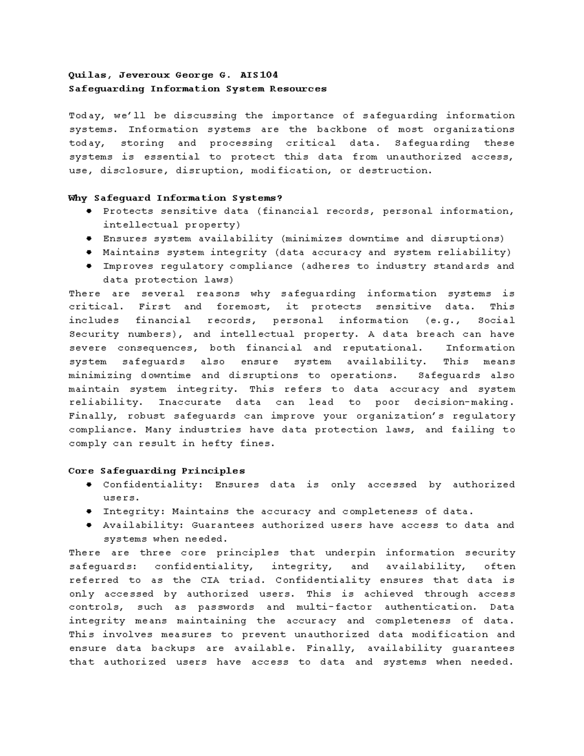 Safeguarding Information Sytem - Quilas, Jeveroux George G. AIS ...