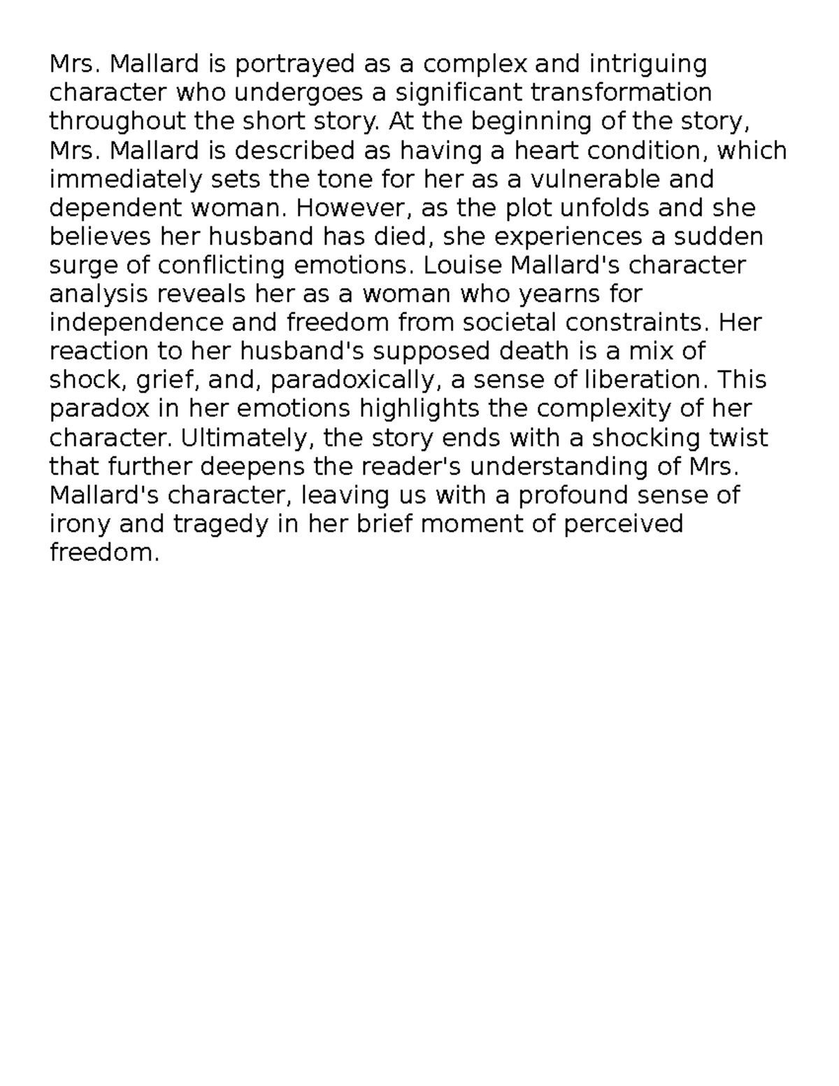 Week 1 story of an hour english - Mrs. Mallard is portrayed as a ...