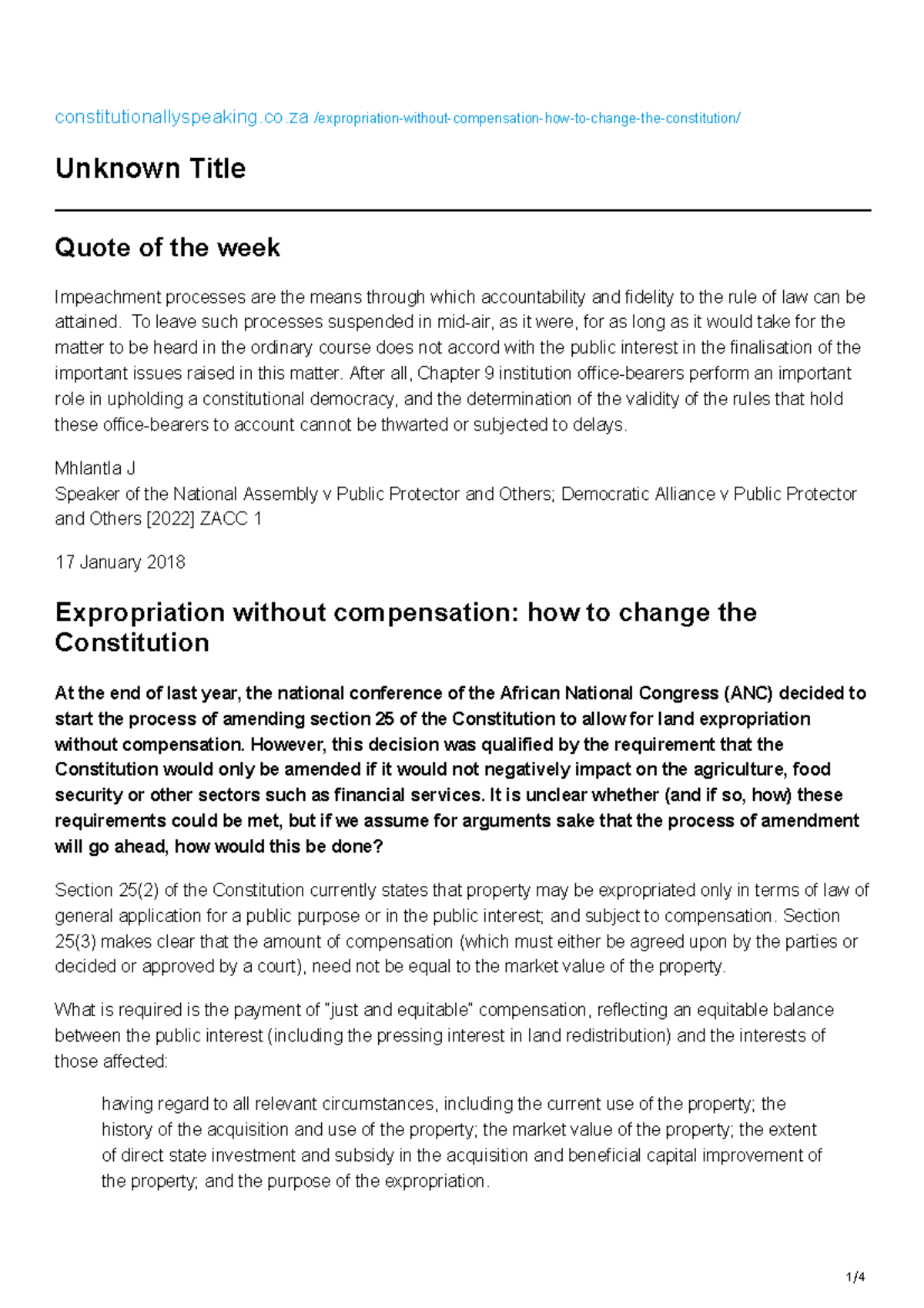 Expropriation without compensation - constitutionallyspeaking.co - Studocu