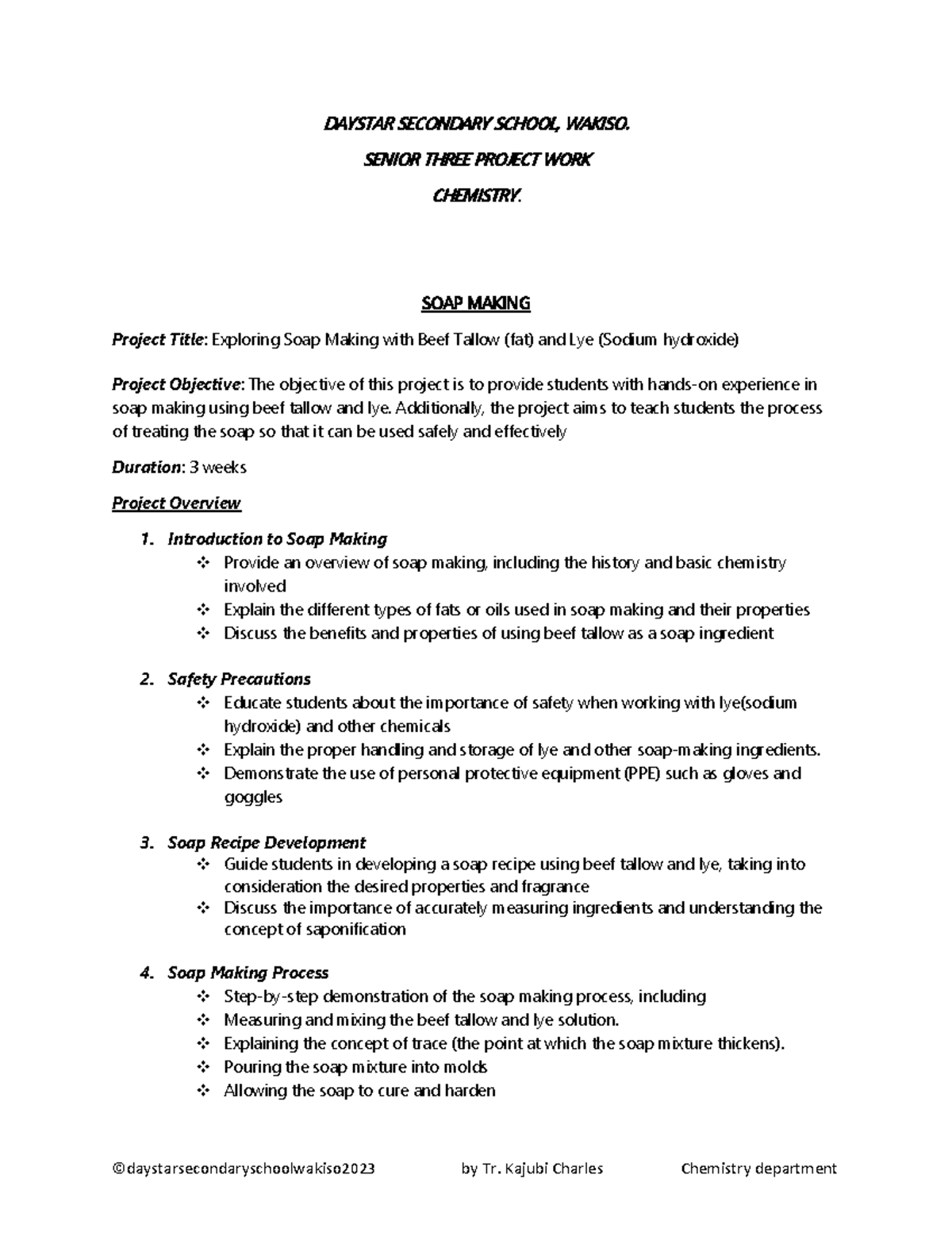 S.3 Chemistry Project WORK - DAYSTAR SECONDARY SCHOOL, WAKISO. SENIOR ...