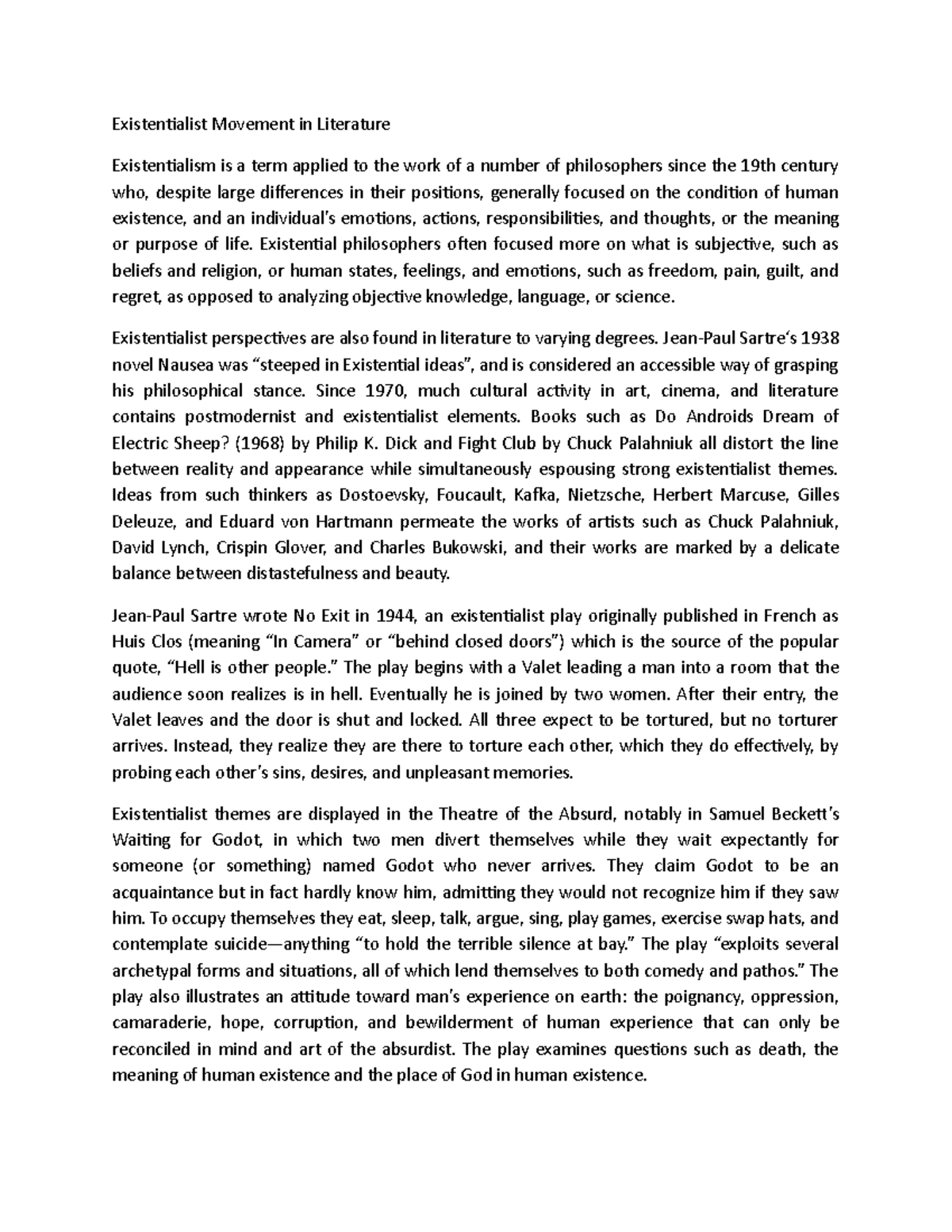 Existentialist Movement in Literature - Existentialist Movement in ...
