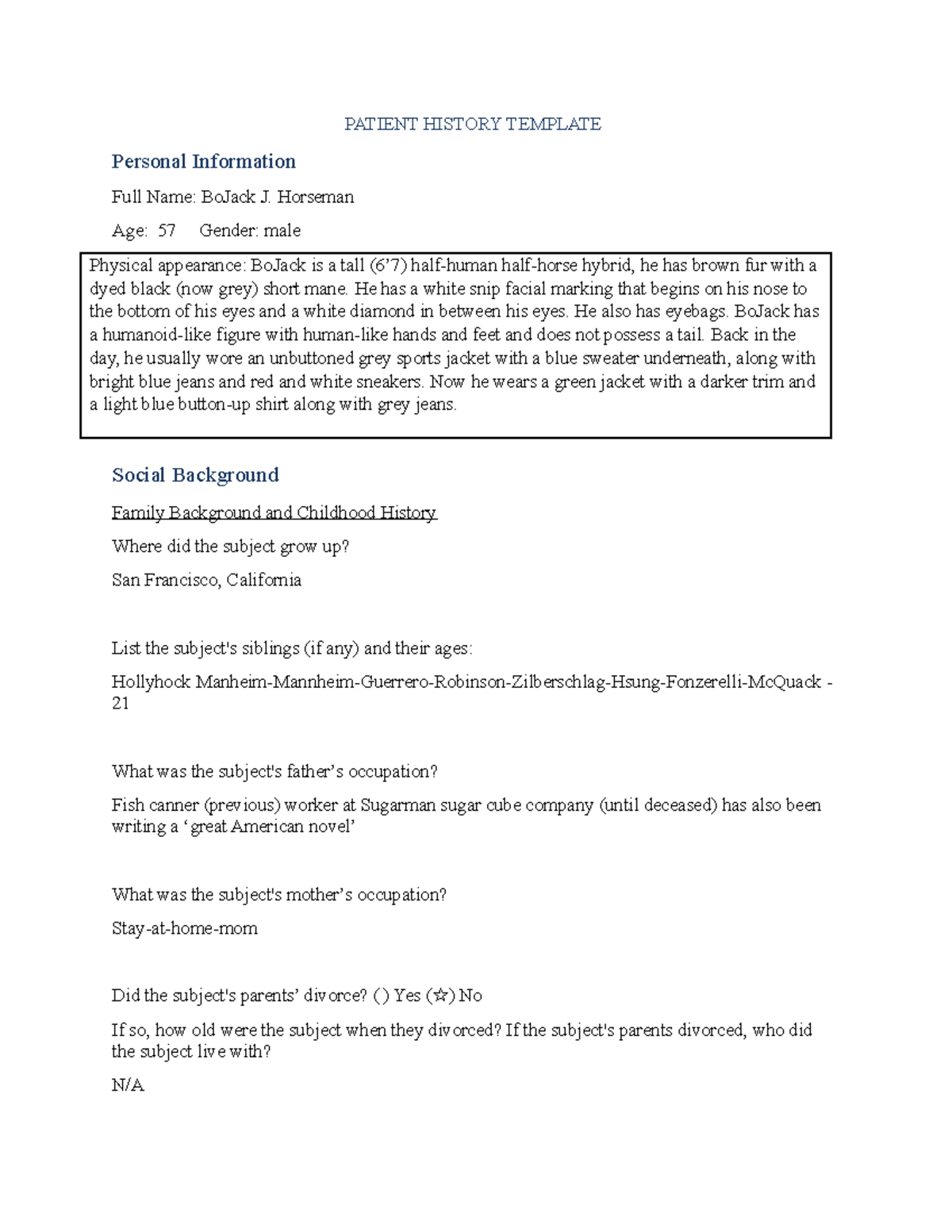 Patient History Template Option 3 HSP Culminating - PATIENT HISTORY ...