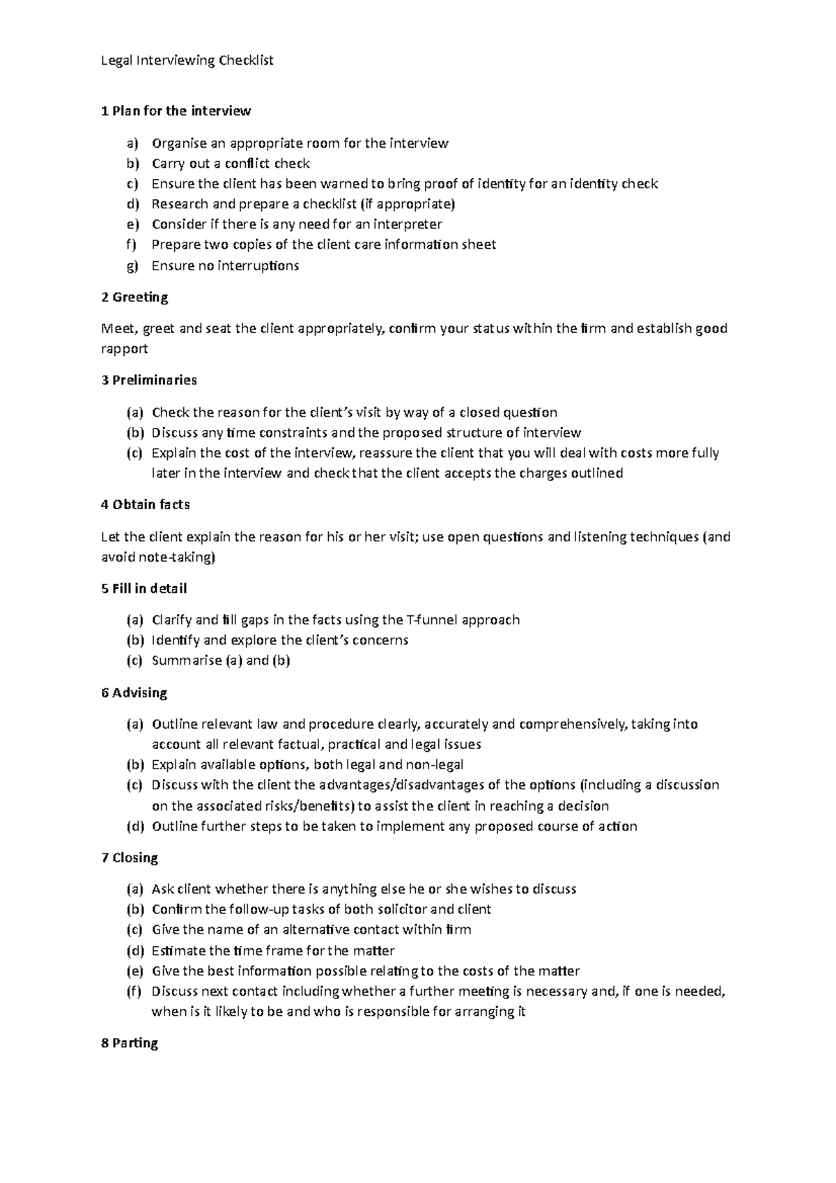 Interviewing Checklist for introduction to professional practice ...