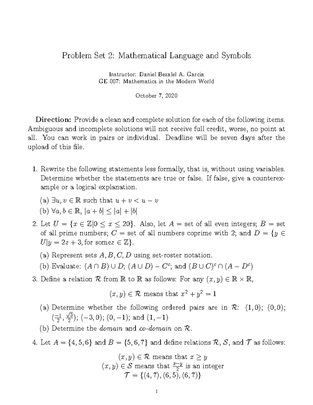 GE007 Problem Set 2 - Mathematics in the Modern World - PangSU - Studocu