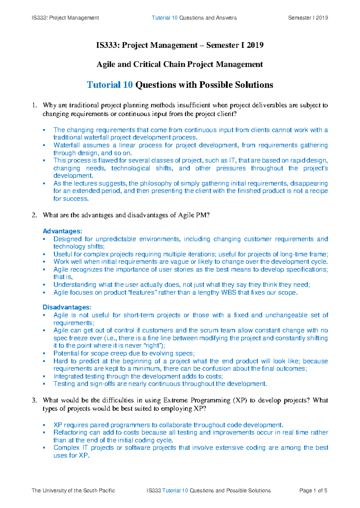 Tutorial 10 with Questions and Possible Solutions - IS333: Project Management – Semester I 2019 ...