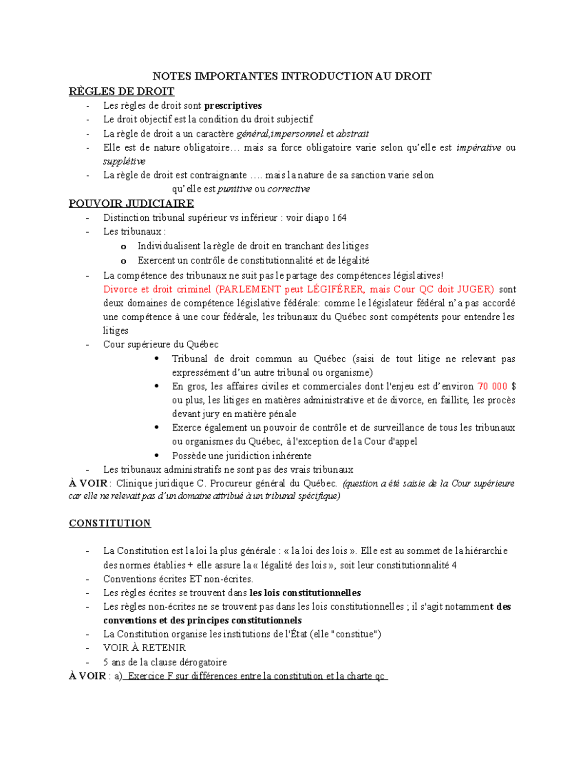 Notes Importantes Introduction AU Droit - DRT-1001 - UdeM - Studocu