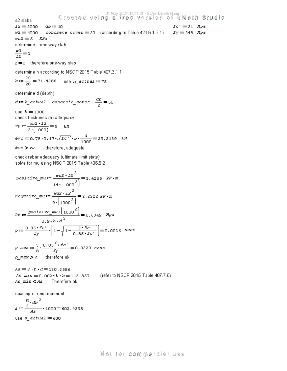 S2 SLAB Design - huhhu - s2 slabs l2 2000 db 10 fc' 21 Mpa w2 4000 ...