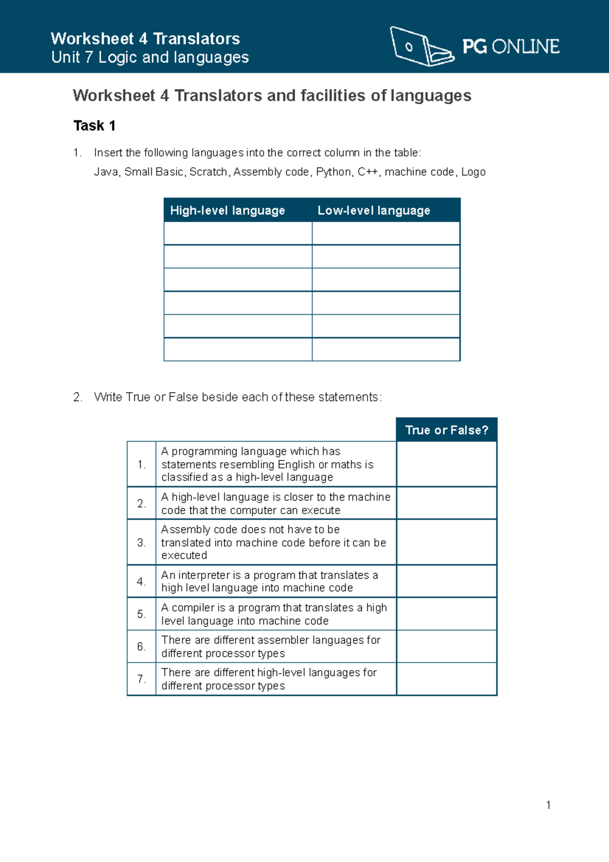 Worksheet 4 Translators and facilities of languages - Worksheet 4 Translators and facilities of ...