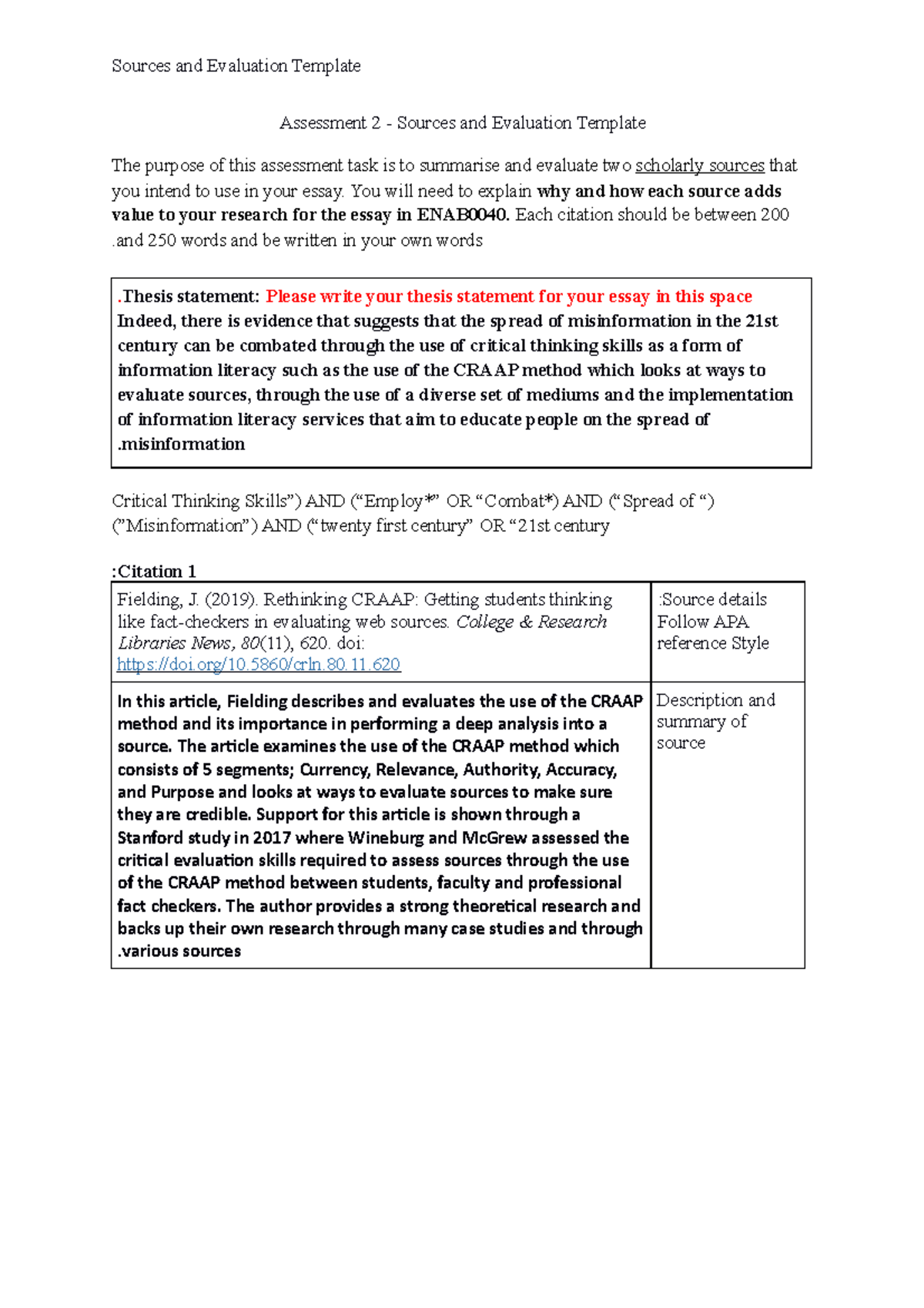 Assessment 2 - Sources and Evaluation WORD - Sources and Evaluation ...