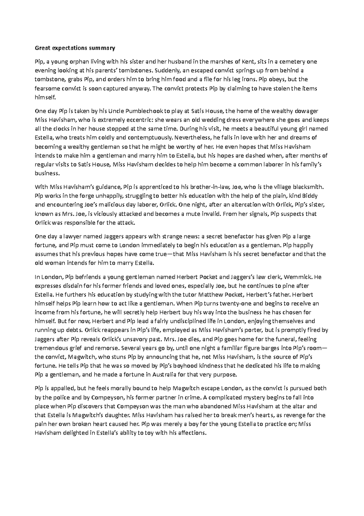 Great Expectations summary - Great expectations summary Pip, a young ...
