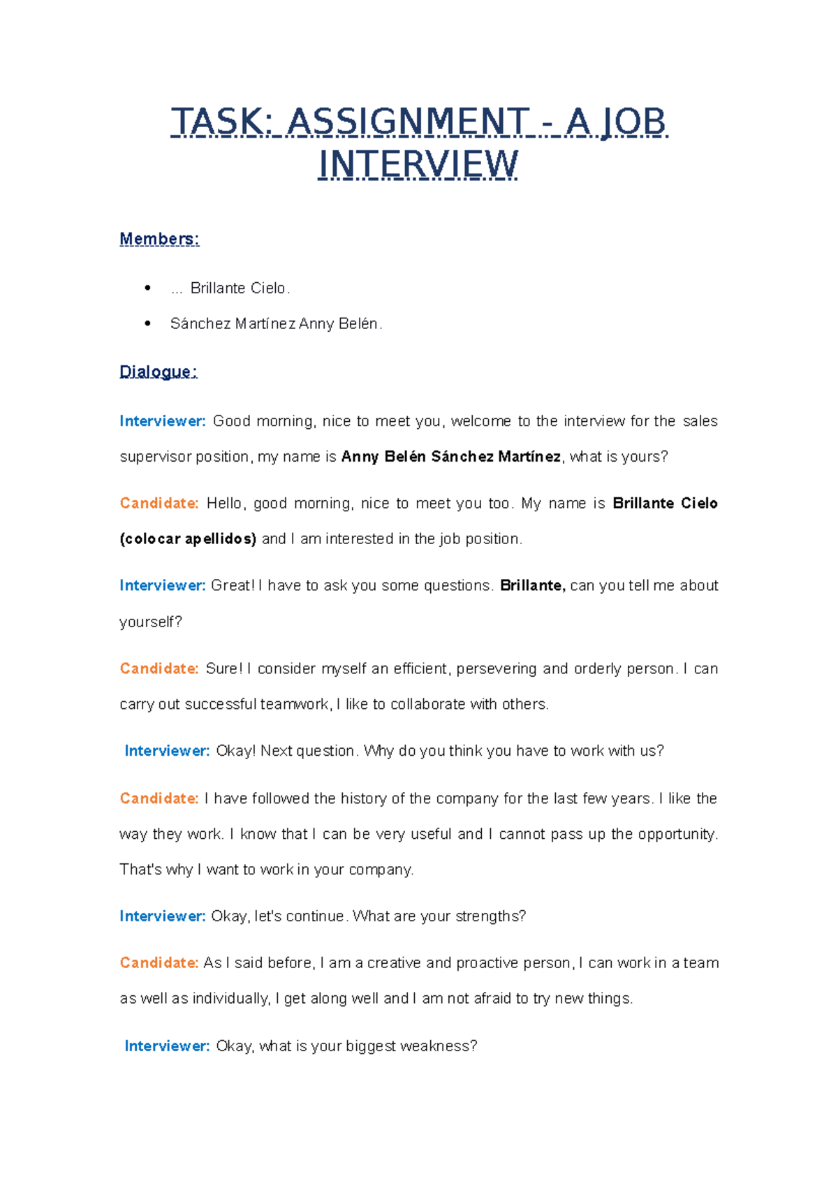 JOB Interview - Inglés 2 - TASK: ASSIGNMENT - A JOB INTERVIEW Members ...