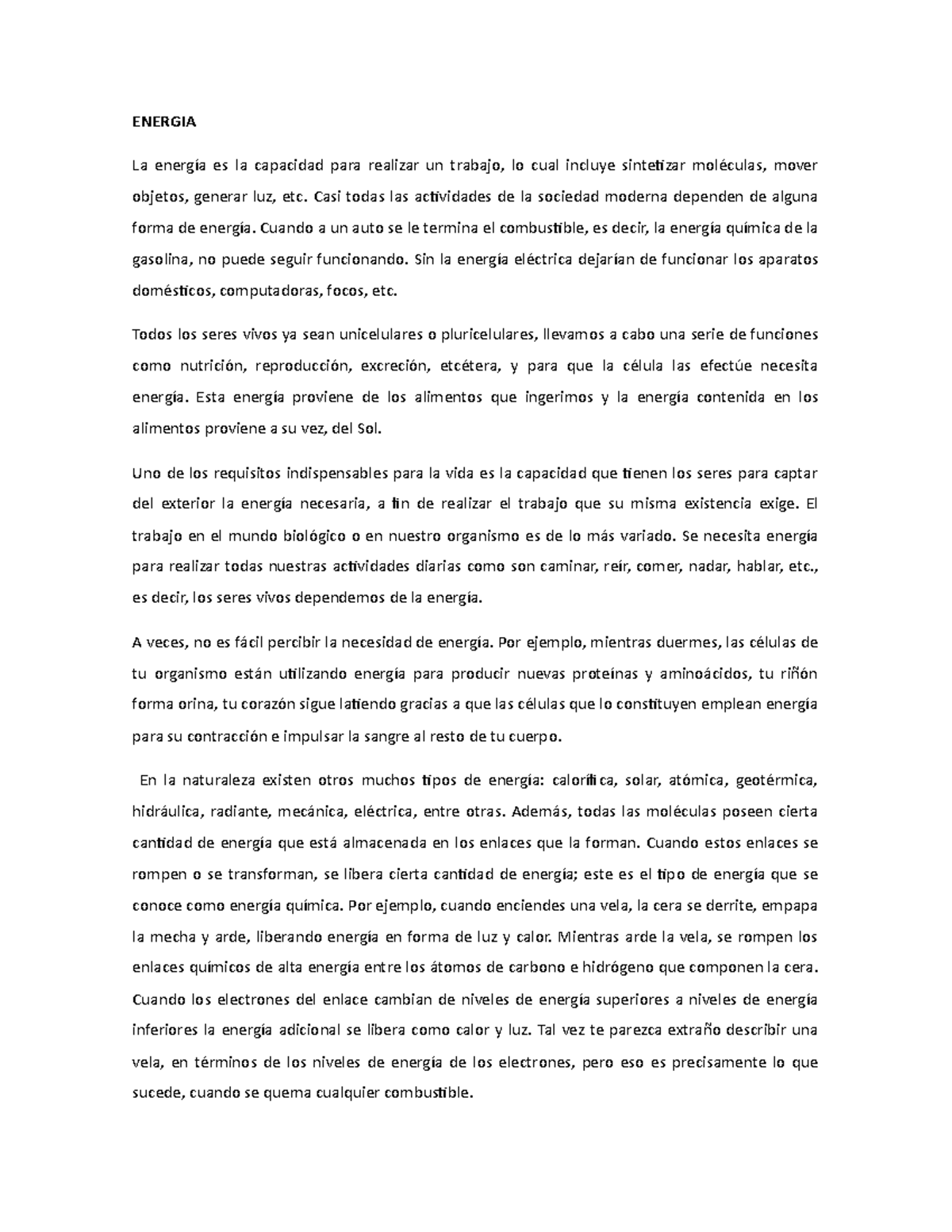 Energía y reacciones bioquímicas - ENERGIA La energía es la capacidad ...