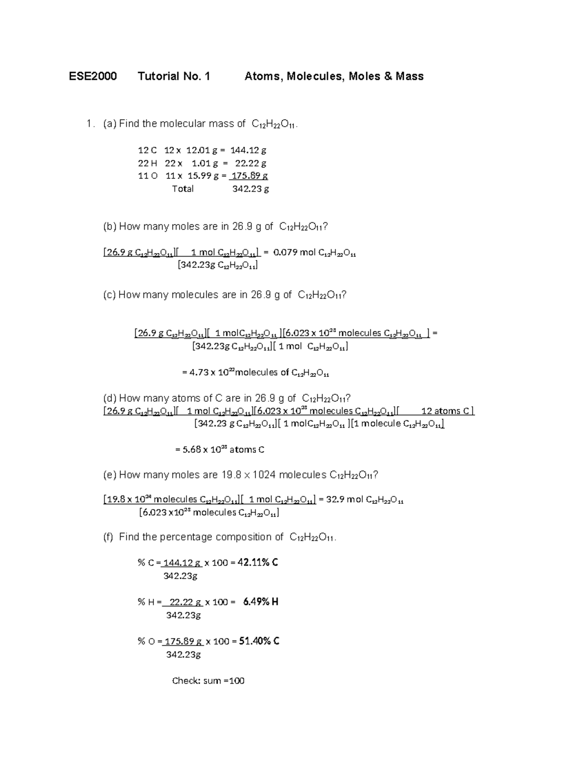Tutorial No 1 Basic Chem (Solutions) - ESE2000 Tutorial No. 1 Atoms ...