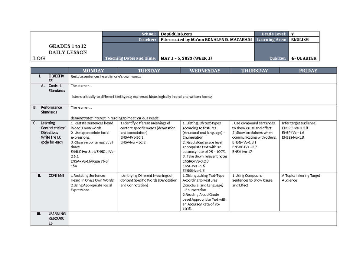 DLL Grade 5 English - GRADES 1 to 12 DAILY LESSON LOG School: DepEdClub ...