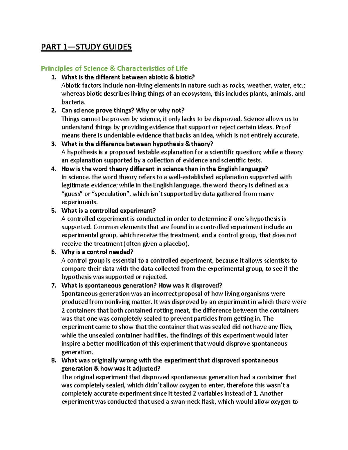 Exam 1 study guide - PART GUIDES Principles of Science Characteristics ...