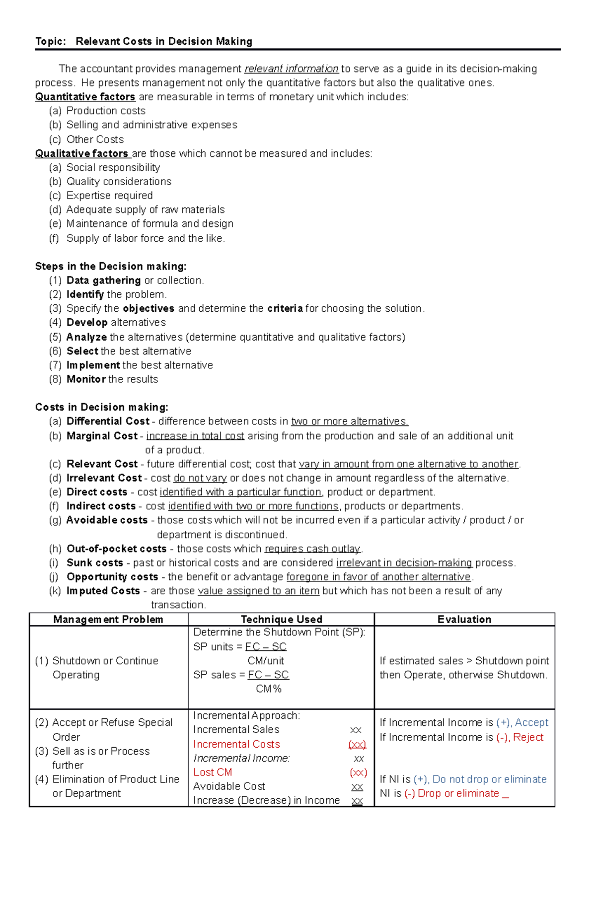 M6 Relevant Costing - Lecture notes 1 - Topic: Relevant Costs in ...