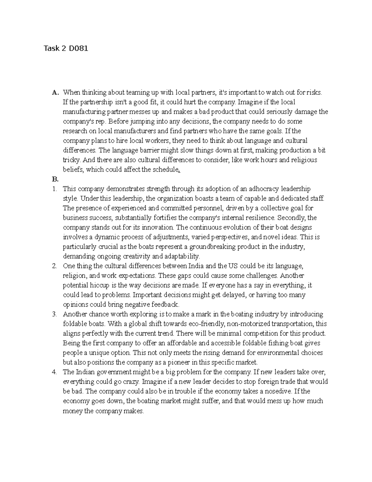 Task 2 D081 - module - Task 2 D A. When thinking about teaming up with ...