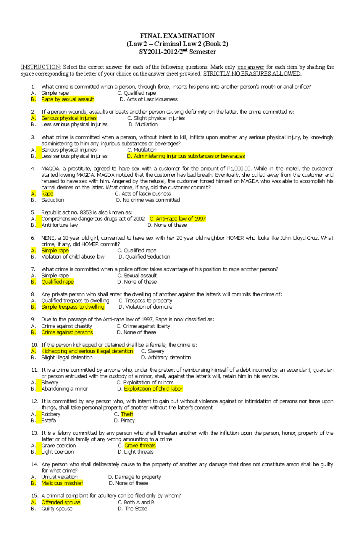 CLJ-2-EXAM - CLJ-2-EXAM - FINAL EXAMINATION (Law 2 – Criminal Law 2 ...