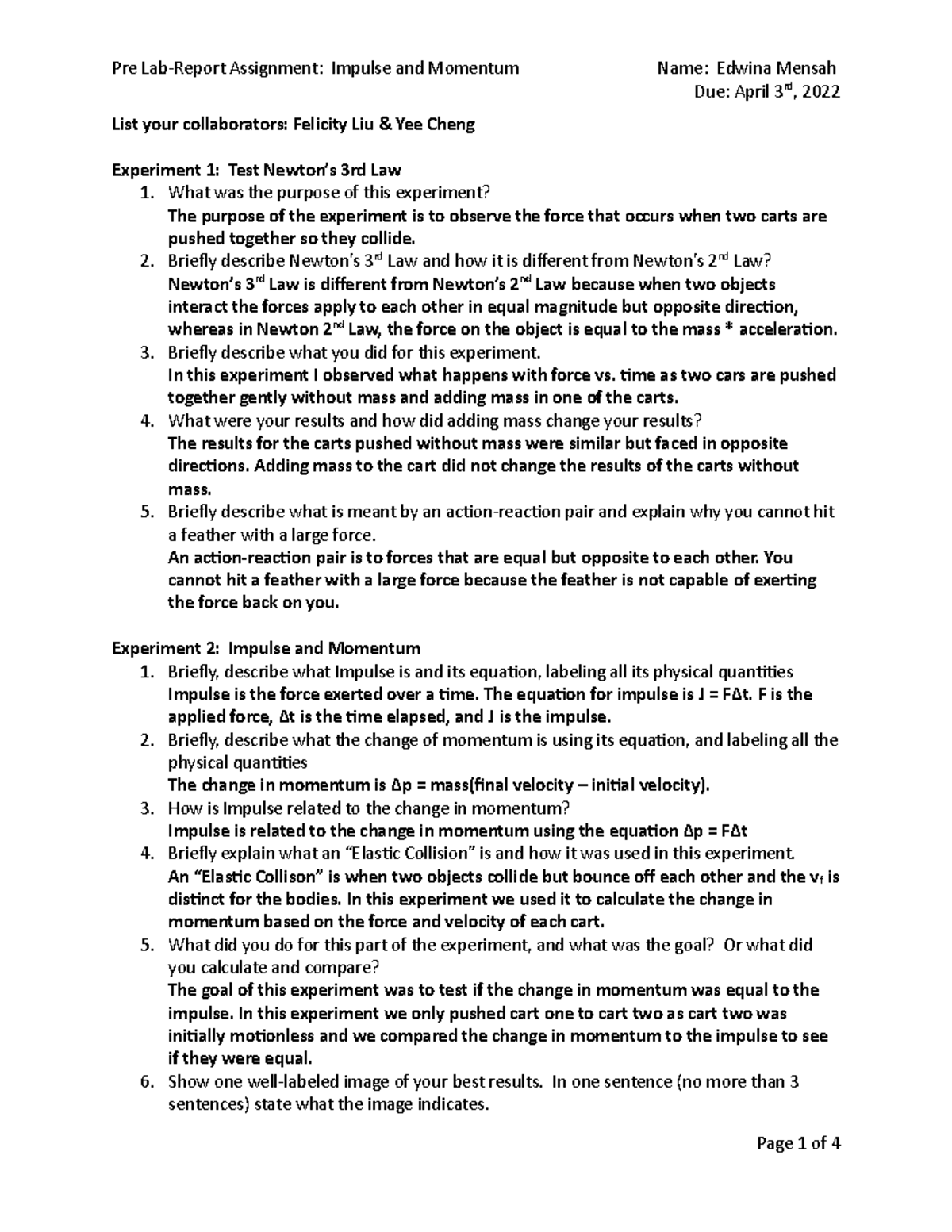 Impulse and Momentum Experiment - Studocu