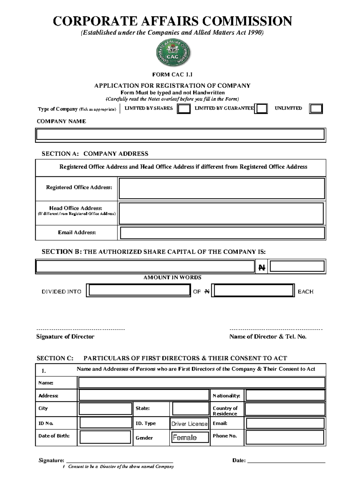 CAC Form 1 - Corporate law practice - CORPORATE AFFAIRS COMMISSION ...