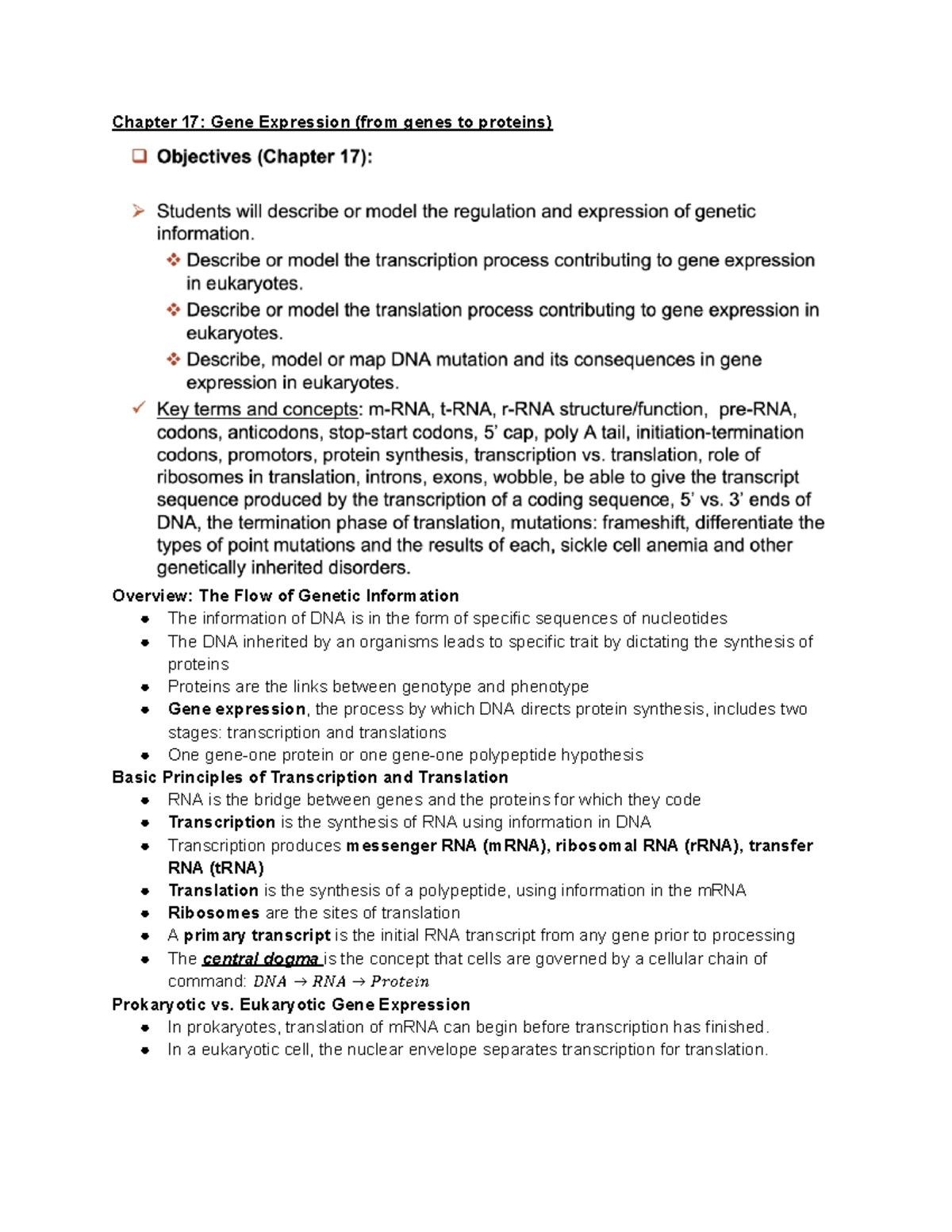 Chapter 17 Gene Expression (genes to proteins) - Chapter 17: Gene ...