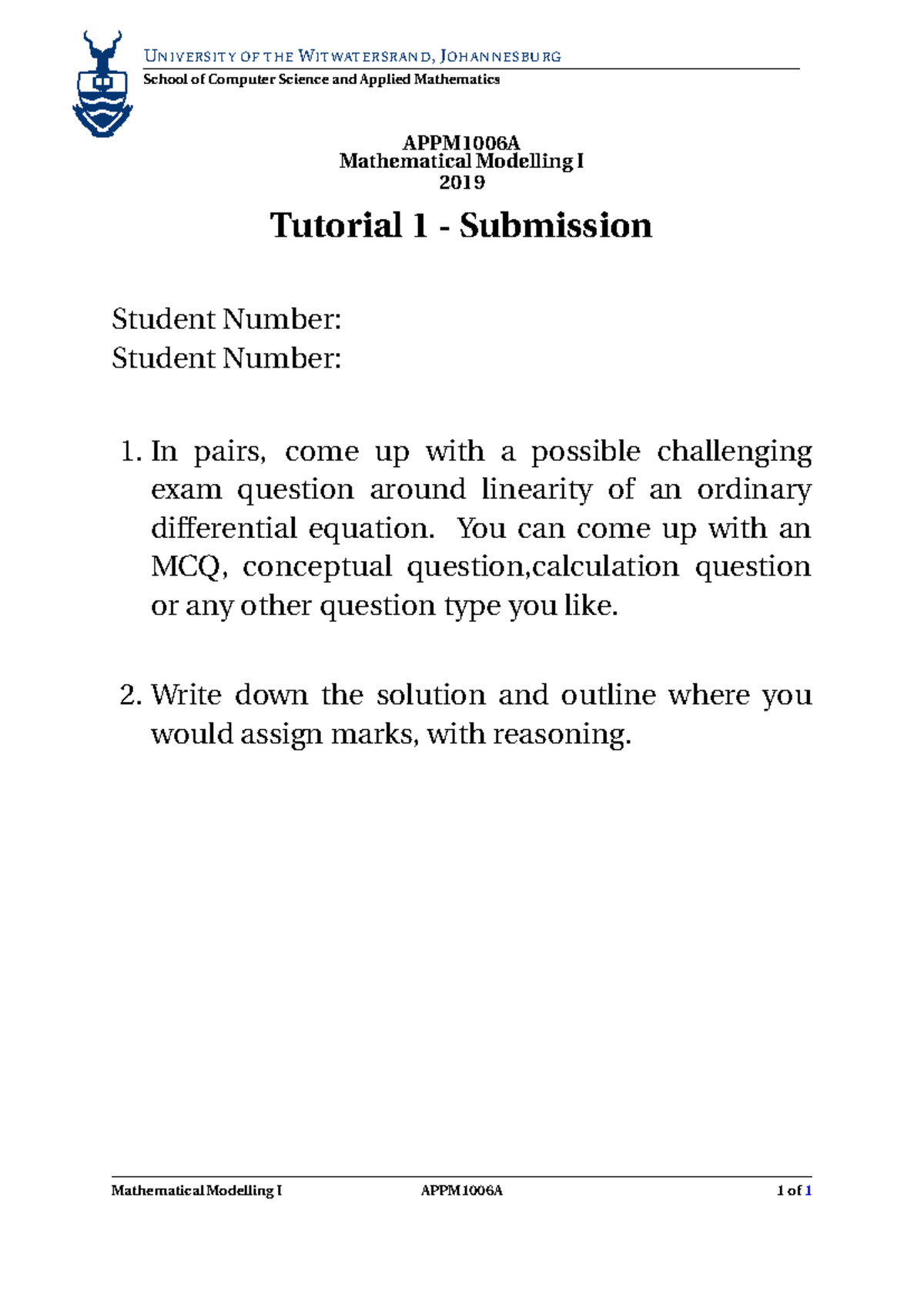 Tutorial 1 Submission - tut - UNIVERSITY OF THE WITWATERSRAND ...